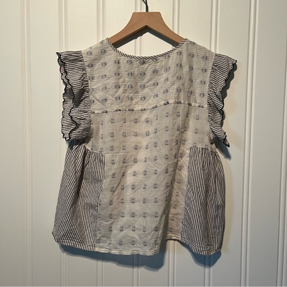 bohme | Tops | Bohme Cream And Navy Blue Striped Blouse With Ruffled ...